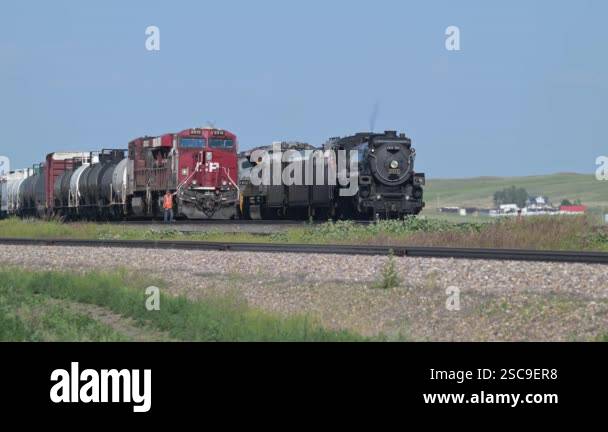 Steam train 2816 travelling across the Canadian prairies Stock Video ...
