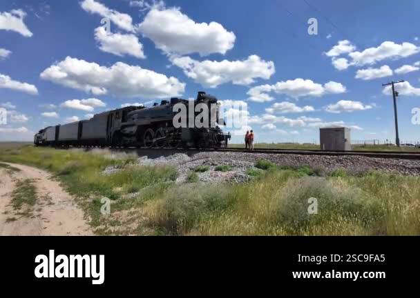 Steam train 2816 travelling across the Canadian prairies Stock Video ...