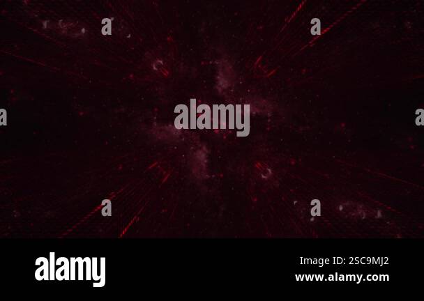 A glowing red grid network of blinking digital data lights and floating ...