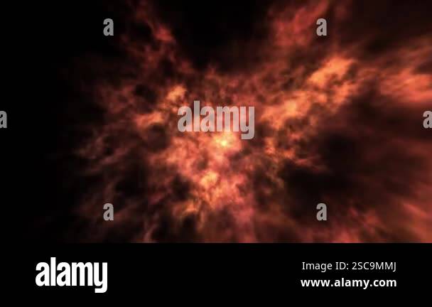 Flying through powerful exploding fireballs. Close up view of clouds of ...