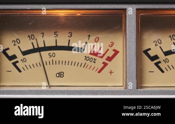 A macro shot of a vintage VU meter with a warm glow, displaying precise ...