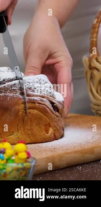 cut cruffin woman prepares cruffin raisins, candied fruits. baking ...
