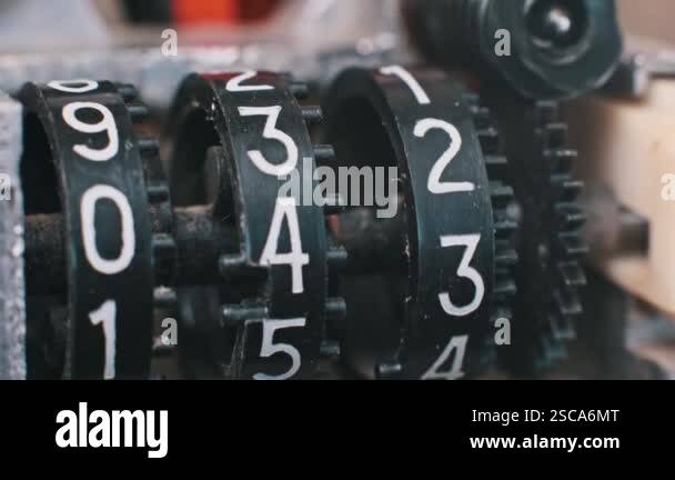 Macro shot of vintage mechanical counter with rotating number wheels ...