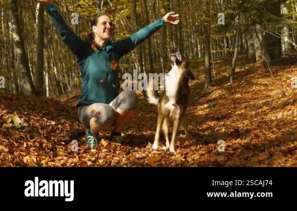 Playful brown dog jumps when his smiling owner throws fallen autumn ...