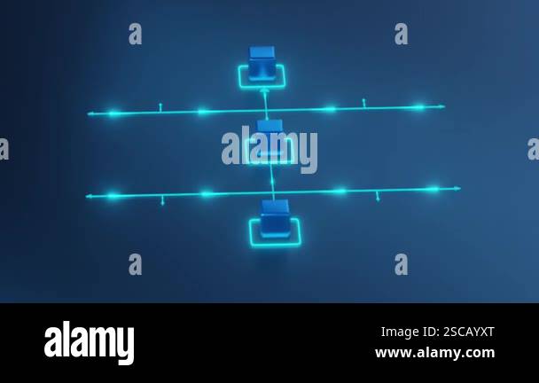 A glowing blue 3D digital of a structured workflow diagram ...
