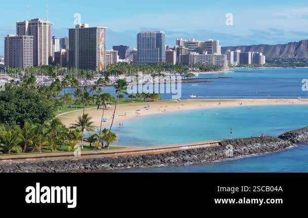 Aerial view of Waikiki Beach in Oahu, Hawaii, with Diamond Head crater ...
