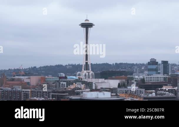 Aerial view of downtown Seattle with the Space Needle, modern buildings ...