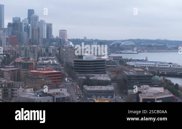 Aerial view of Seattle showing downtown, the waterfront, Seattle Great ...