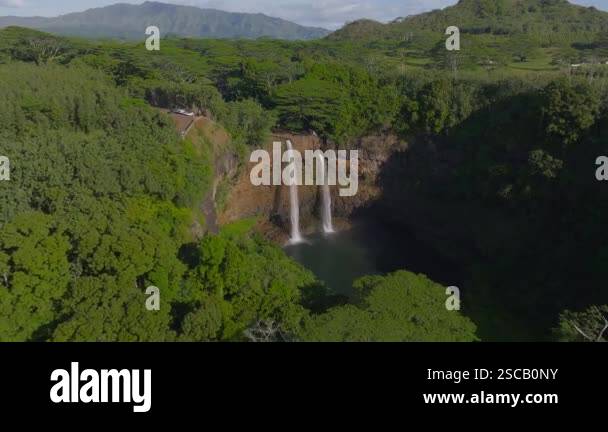 Aerial view of Wailua Falls on Kauai island, Hawaii, with twin ...
