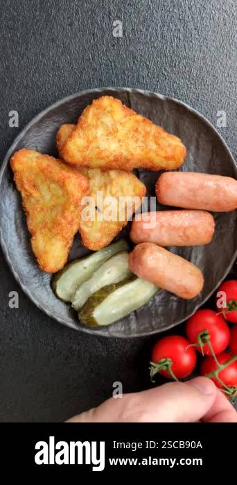 Hash browns with potatoes and onions, salt and spices on a dark ...