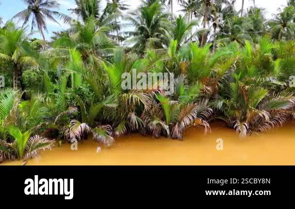 Moving along brown river waterways in Northern Mindanao, Philippines ...