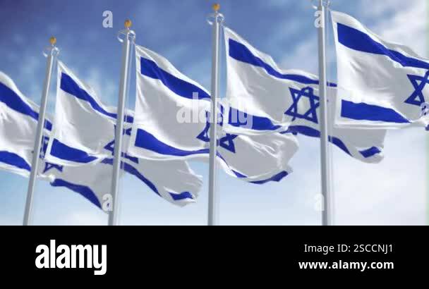 State of Israel national flags waving in the wind. Blue Star of David ...