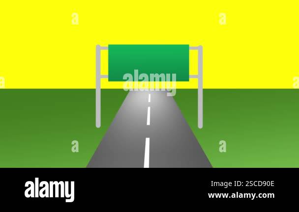 Animation of A straight road leading to a blank green signboard ...