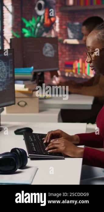 Vertical video Programmer coding artificial intelligence algorithm in startup, refining machine ...