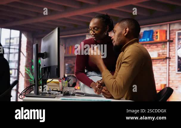 Team of startup admins doing brainstorming, working with machine learning tech advancing AI ...