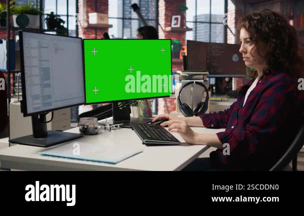 Woman coding in AI startup office using mockup PC, building scalable ...