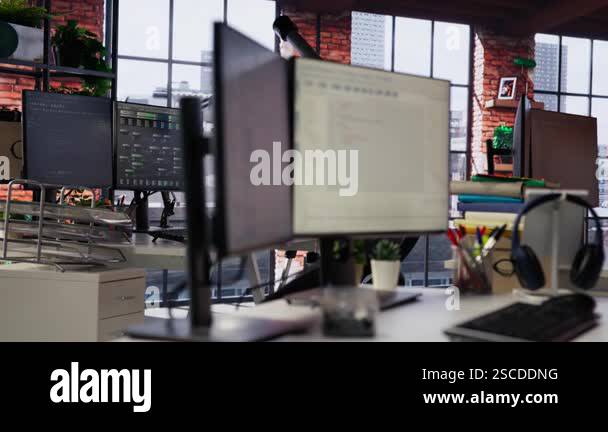 PC in empty IT startup office displaying programming languages used for ...