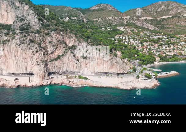 Aerial view of the French Riviera coastline between Nice and Monaco. A ...