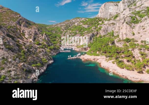 Aerial view of Calanque de Morgiou on the Mediterranean coast near ...
