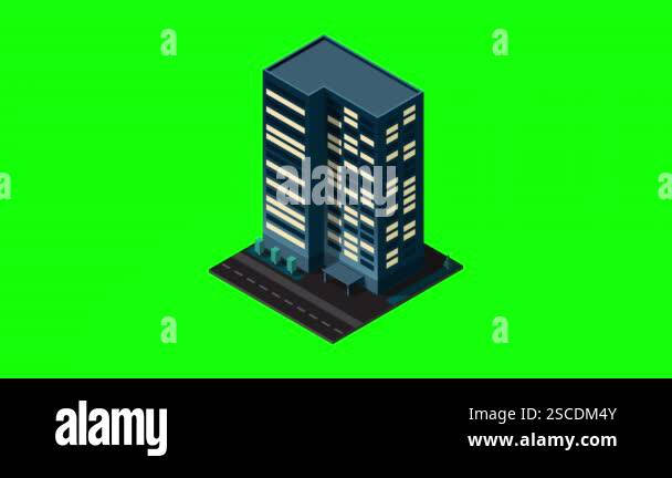 Isometric city building at night animation. Isometric modern building. Skyscraper building or ...