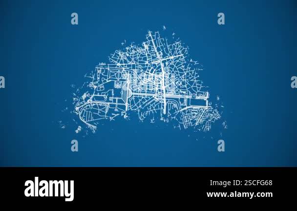 Ink reveal animation of Bucharest city, Romania, grid map. Aerial top ...