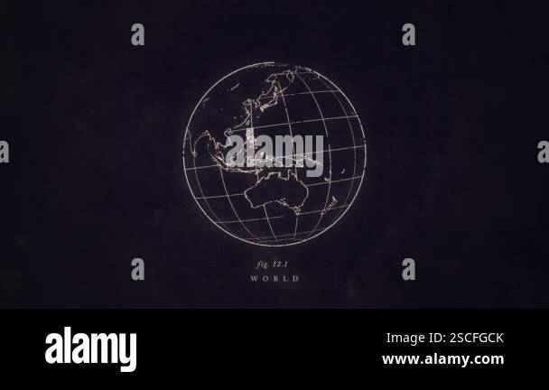 Old book style animation of world globe map spinning in white lines on ...