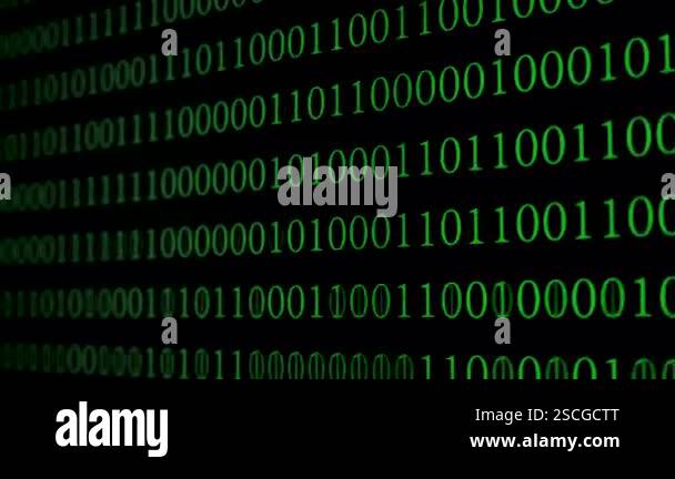 The digital background showcases a pattern of cascading binary code in bright green against a ...