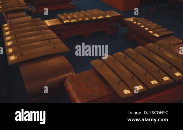 A close-up view of traditional musical instruments arranged in a ...