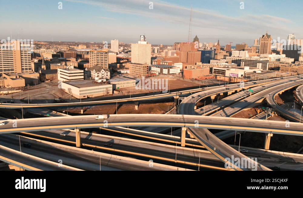 Aerial view of highway in american city at dawn Stock Video Footage - Alamy