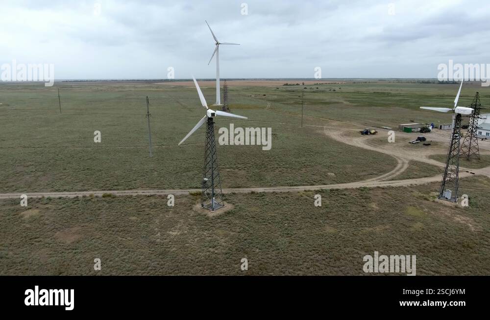 Two stripes of wind farm converters rotating fans on the Black Sea ...