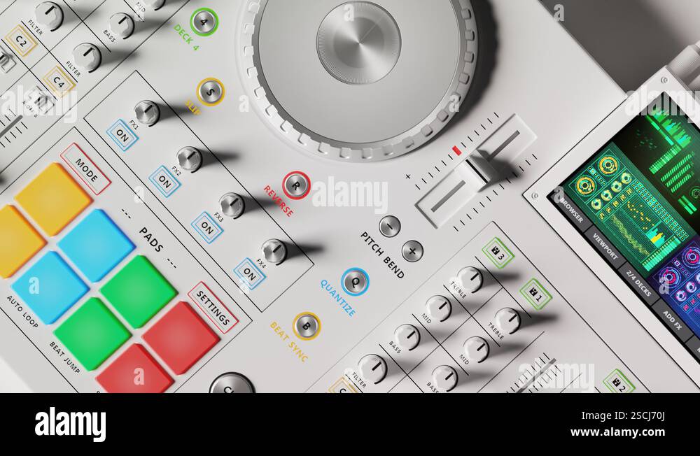 Bright white DJ Set in a looping animation. Music equipment in a studio ...
