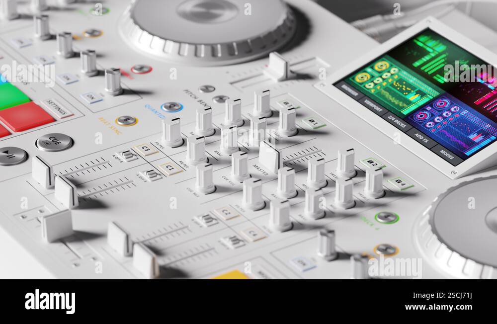 Bright white DJ Set in a looping animation. Music equipment in a studio ...