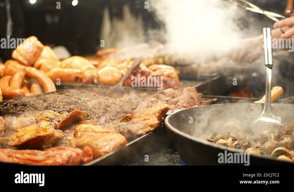 Meat street food night Stock Video Footage - Alamy