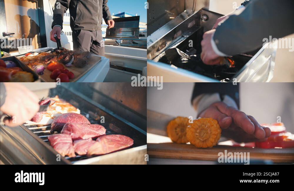 4 in 1 - the process of barbecue frying. portable grill on the boat ...