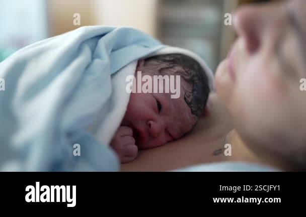 First Moments of Life: Newborn resting on Mother's Chest Right After ...