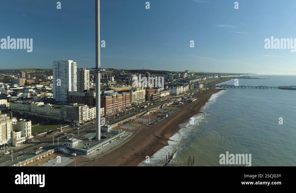 i360 viewing tower pod mid way up to the top of attraction, drone ...