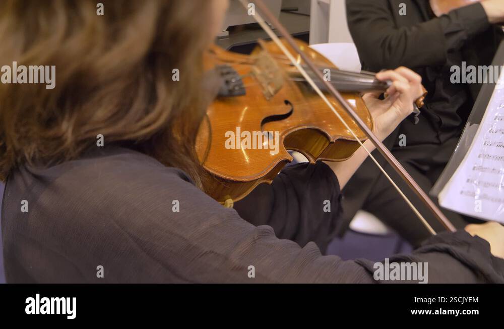Rear view of woman in profile playing the violin and watching into ...