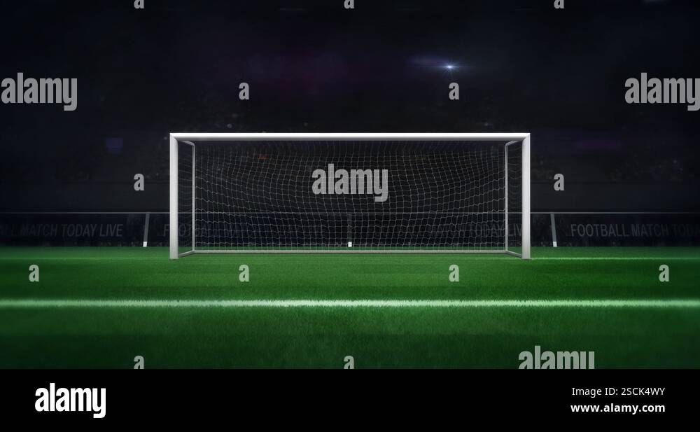 football goal gate with green grass and camera flashes zoom out front ...
