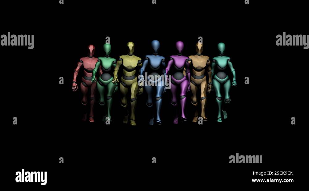 Hero walk, slow motion. Male and female androids advance toward camera ...