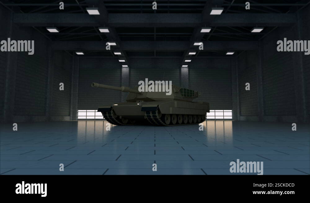 4K Animation of Heavy Military Tank in Modern Hangar with Large Windows ...