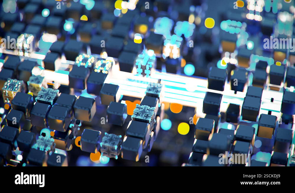 Blue and orange cubes and glowing streams seamless loop 3D render animation Stock Video Footage ...