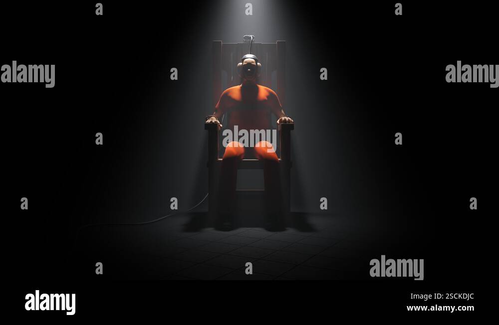 A convict in a foggy room sitting on the electric chair waiting for ...