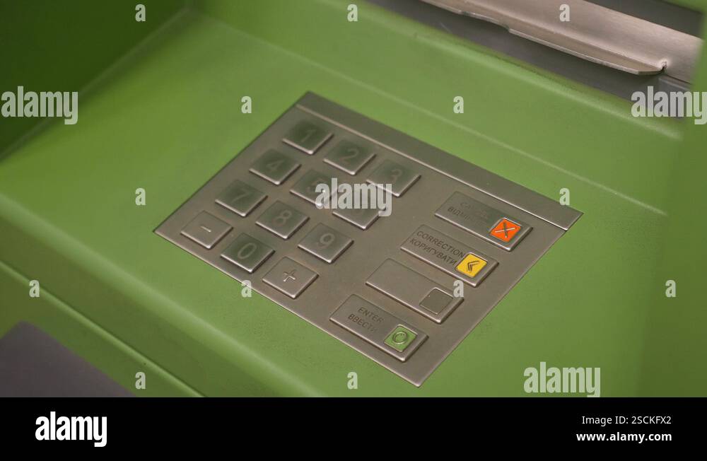 ATM Banking Hand Enter Pin Code In Cash Machine. Female hand typing ...