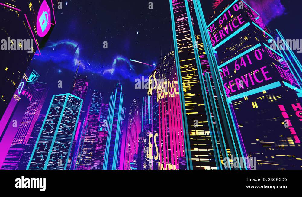 360 degree pan of futuristic city square, skyscrapers, ads, holograms ...