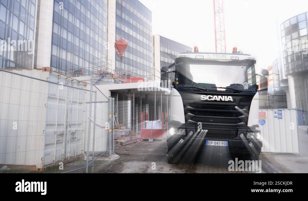 Scania truck cement mixer radiating light beams Stock Video Footage - Alamy
