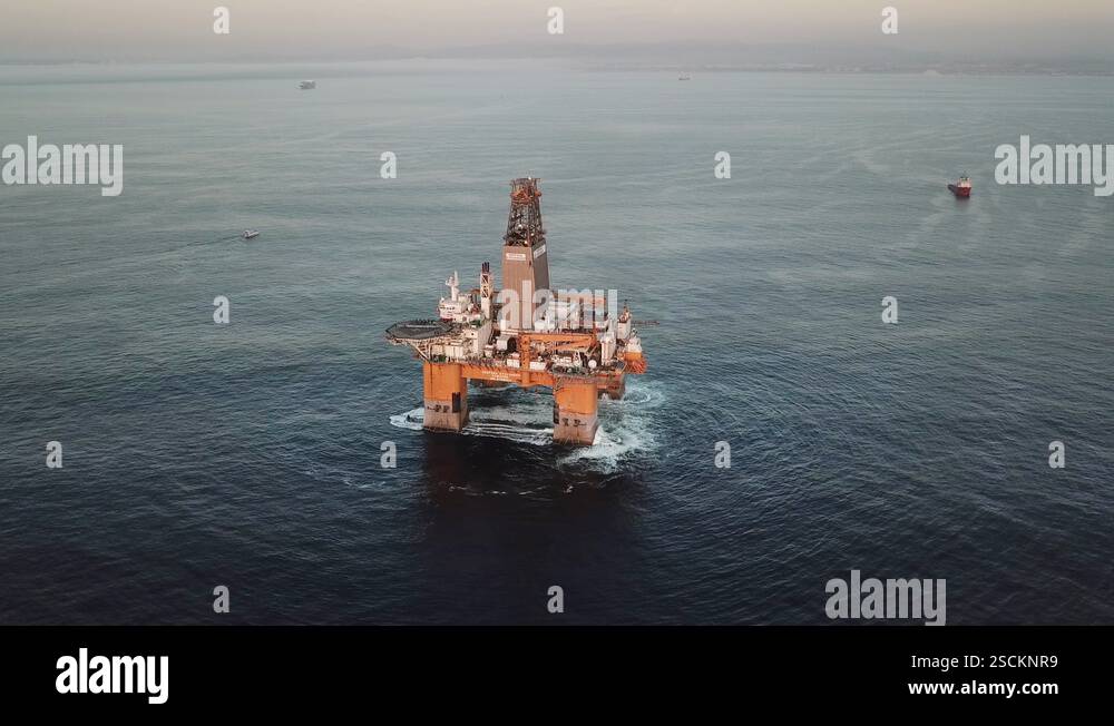 Drone approaches big Deepsea Stavanger oil rig anchored in Cape Town up ...