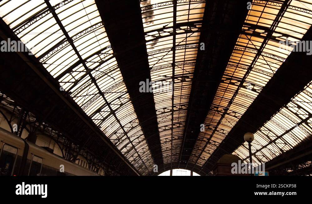 Train arrives platform on railroad station steel roof passengers crowd ...