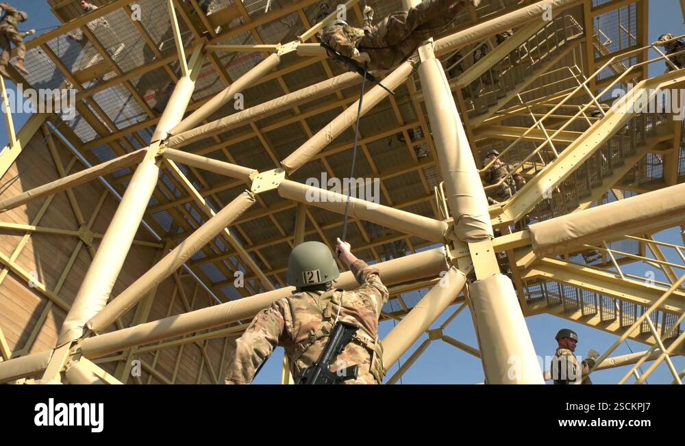 Marines conduct fast rope training from rappel tower at Camp Beuhring ...