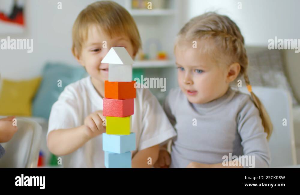 Joyous Kids Destroying Toy Tower in Kindergarten Stock Video Footage ...