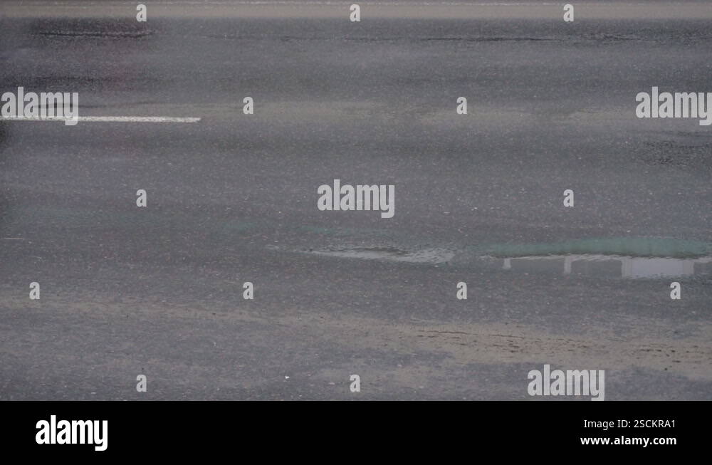 Cars drive on dirty and wet asphalt with reagents, slow motion ...